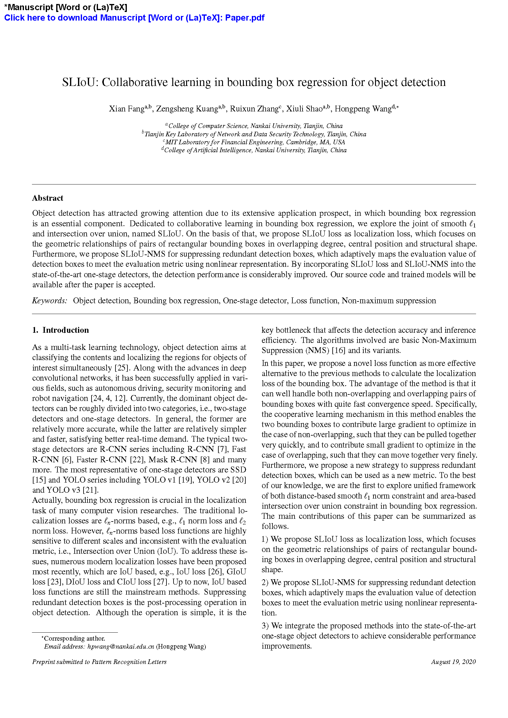王鸿鹏课题组在Pattern Recognition Letters(SCI 3区)期刊发表论文"SLIoU: Collaborative learning in bounding box ...