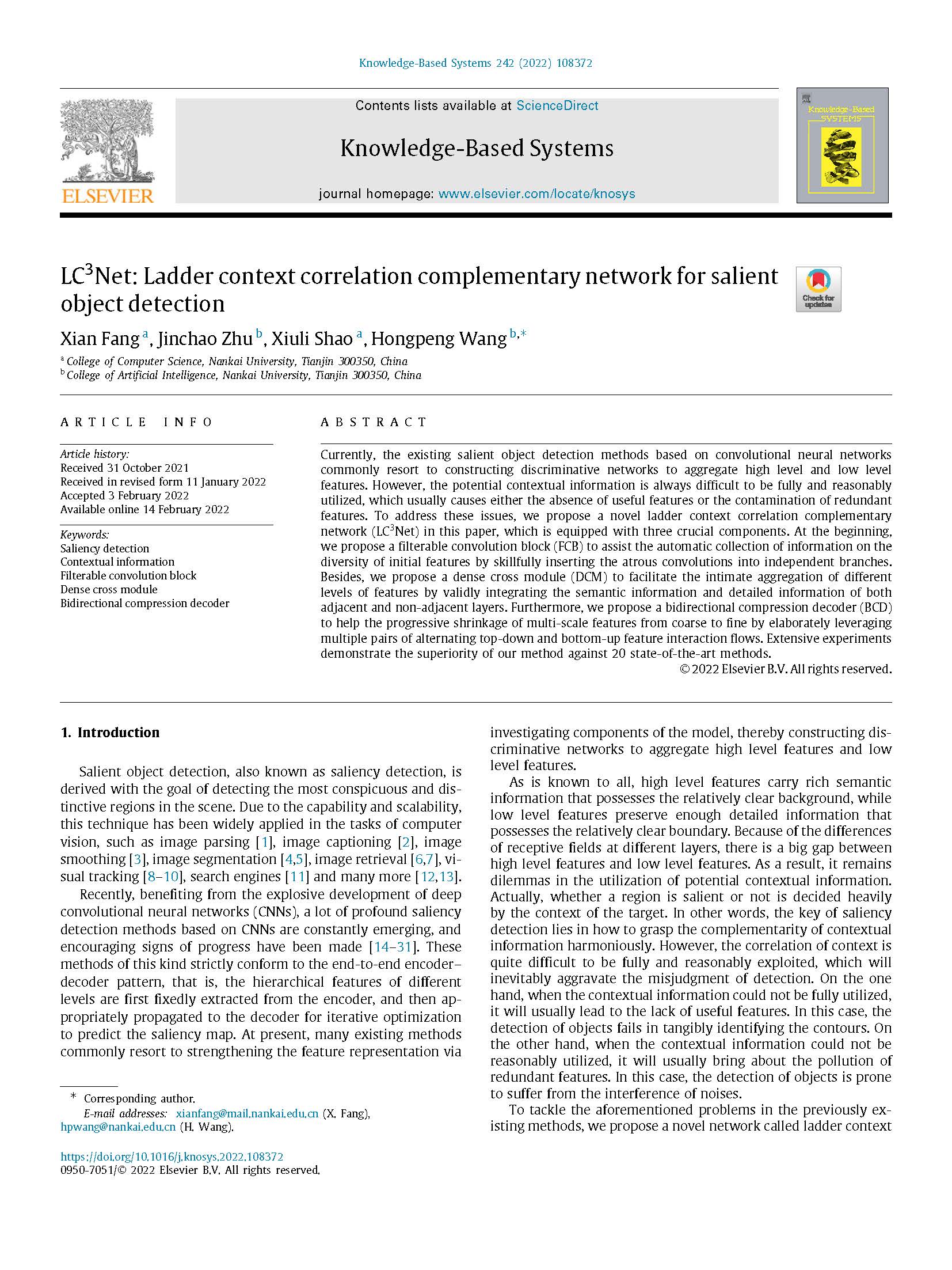 王鸿鹏课题组在Knowledge-Based Systems(SCI 1区)期刊发表论文"LC3Net: Ladder context correlation complementary ...